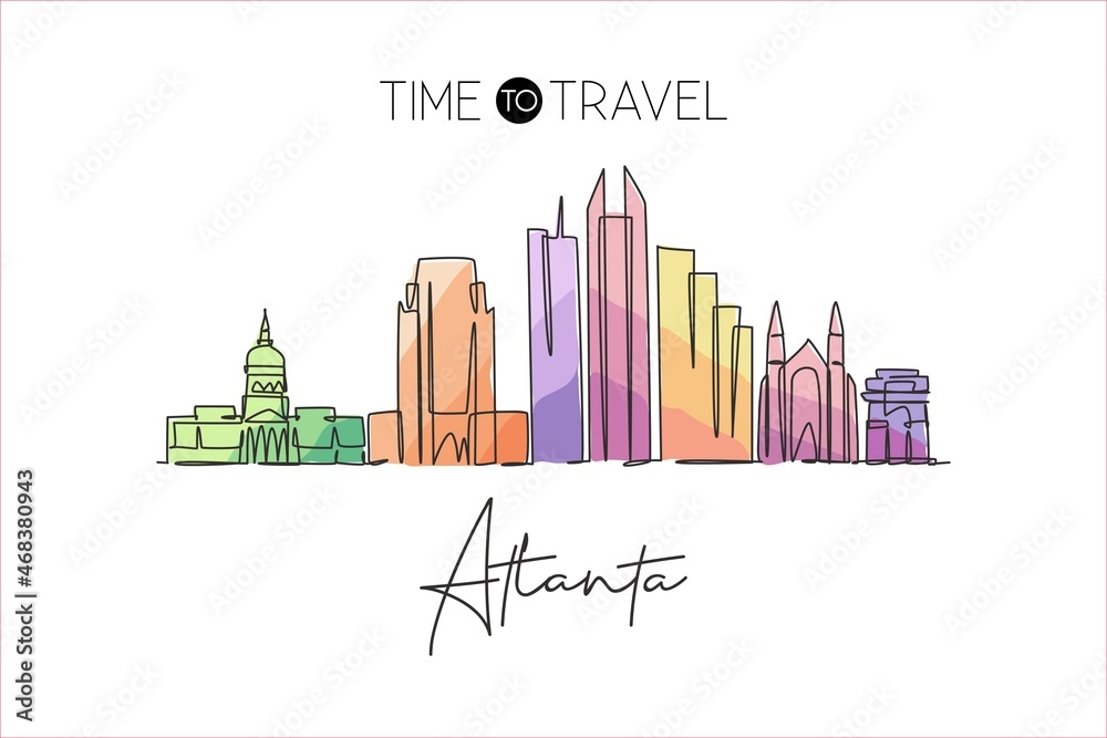 One continuous line drawing of Atlanta city skyline, USA. Beautiful ...