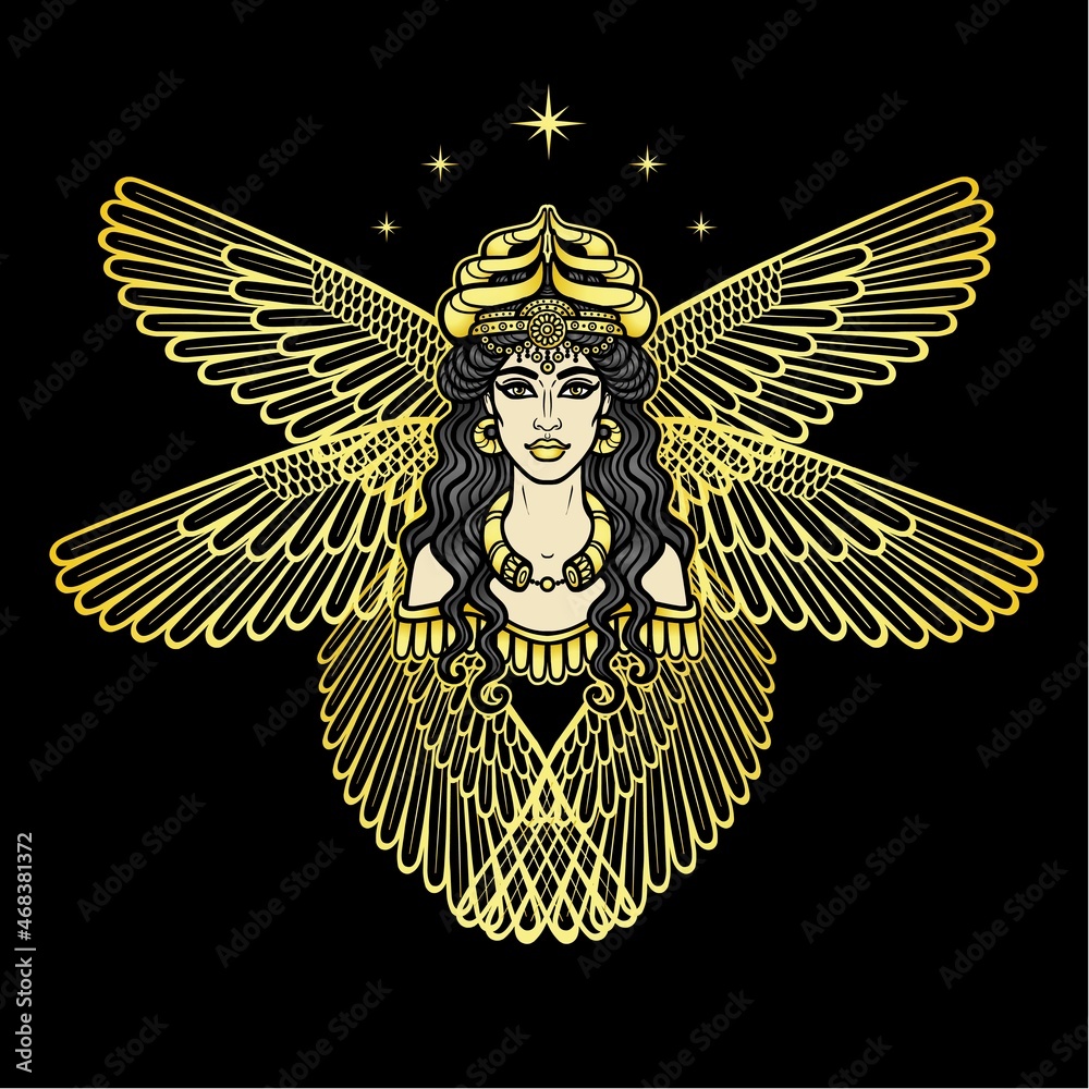 Cartoon drawing: beautiful winged woman in a horned crown, a character ...