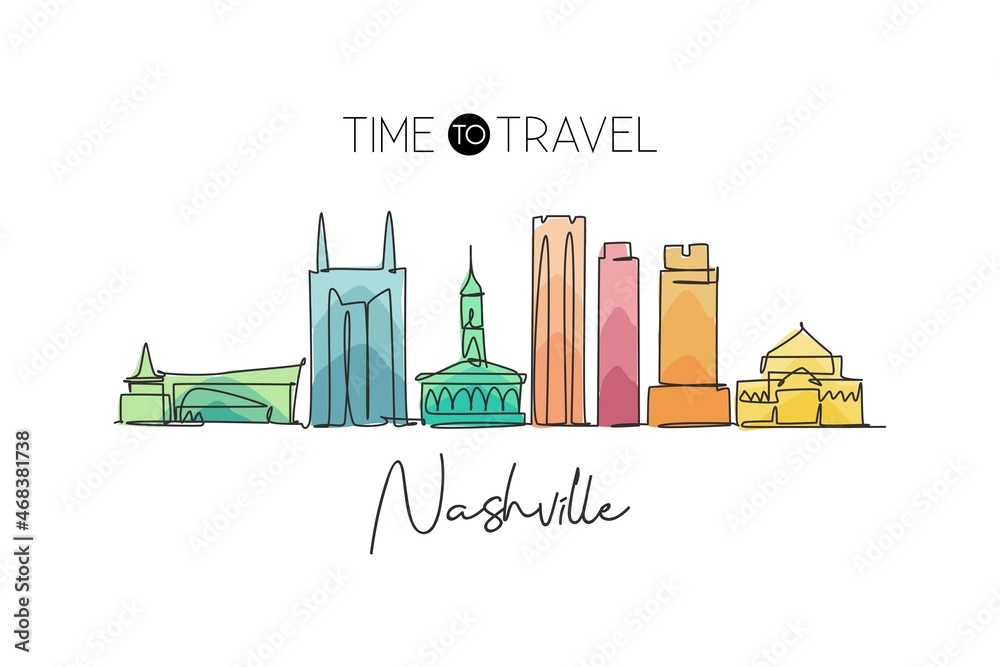 One continuous line drawing Nashville city skyline, Tennessee ...