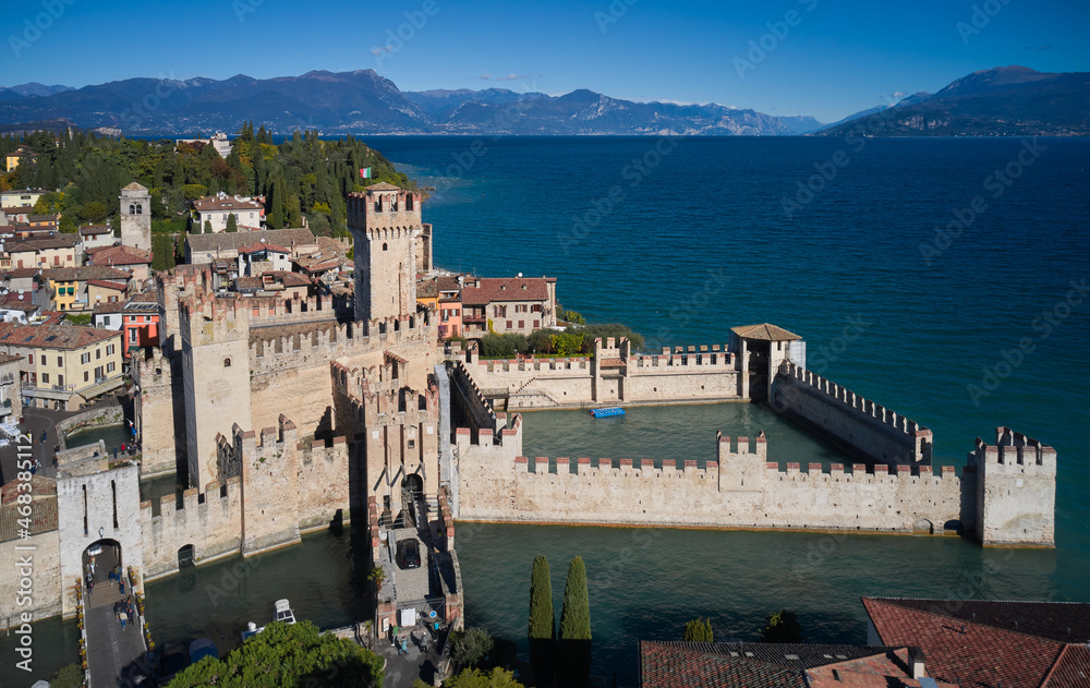 Sirmione aerial view. Top view, historic center of the Sirmione ...