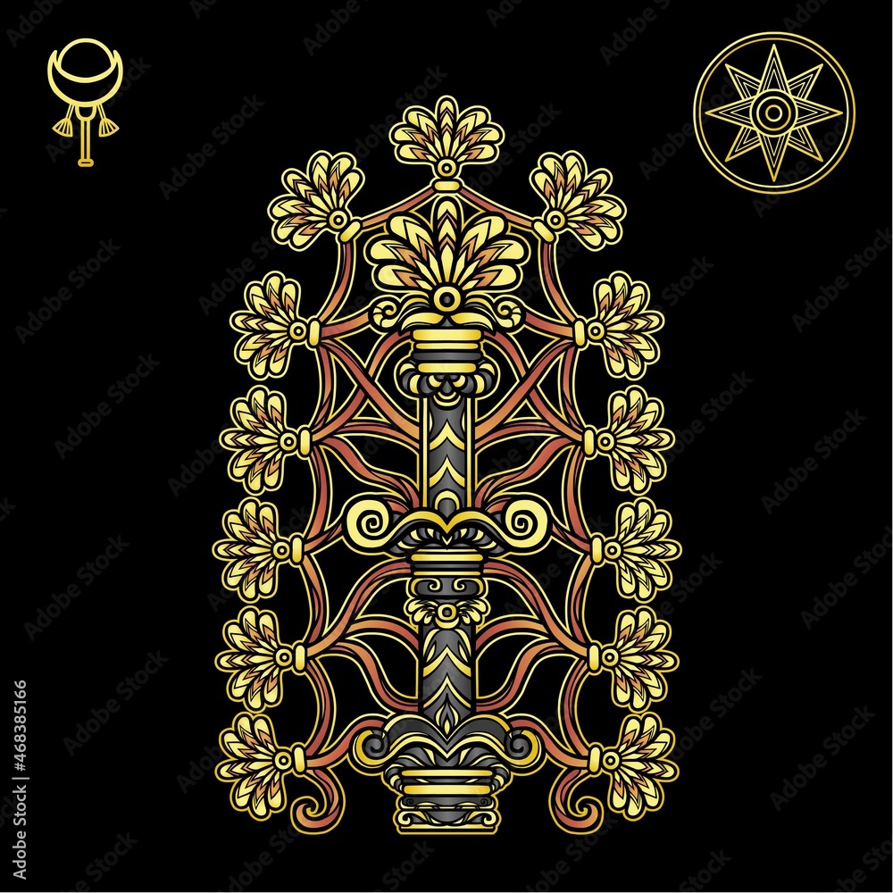 Cartoon drawing: ancient mystical tree, Sumerian mythology. Symbol of ...