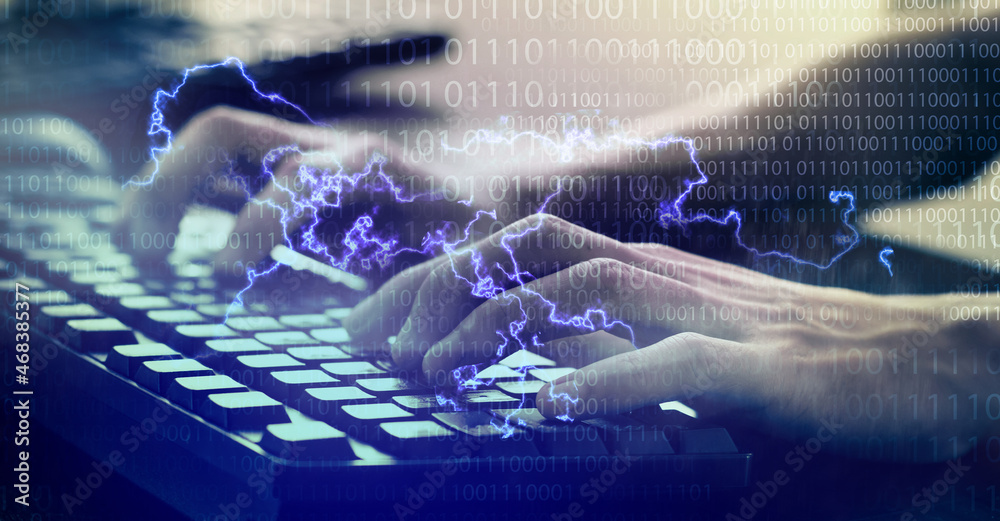 hand typing keyboard with thunder light effect , sparking electricity ...