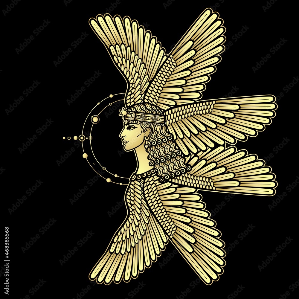 Cartoon drawing: beautiful winged woman, character in Assyrian ...