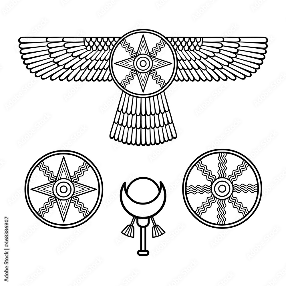 Cartoon drawing: ancient Sumerian symbols. Winged star. Marduk, Shamash ...