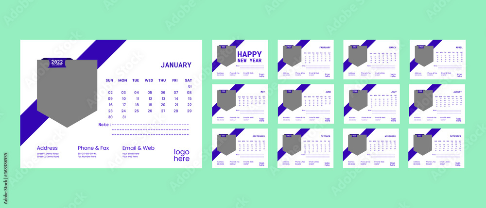 Purple color Desk Calendar template for the year 2022 A set of pages ...
