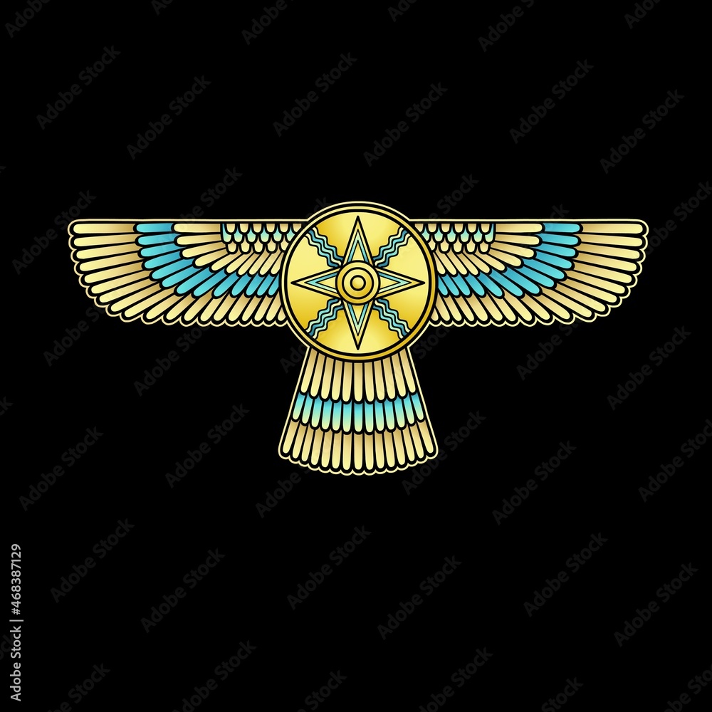 Animation color drawing: winged divine star. Symbol in Assyrian ...