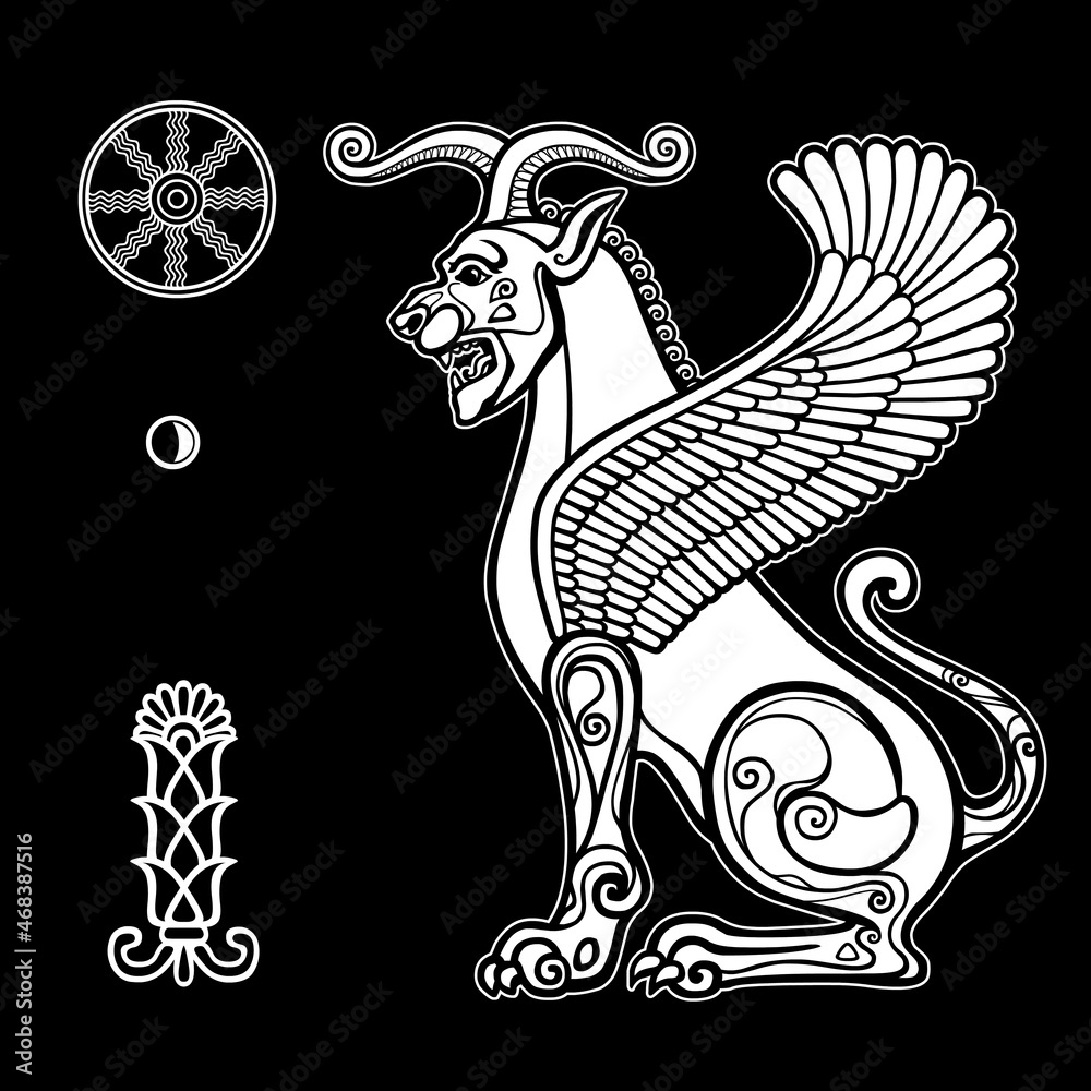Animation drawing: sphinx horned lion with wings, character in Assyrian ...