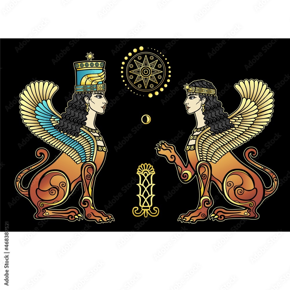 Animation color drawing: magical winged lioness. Ishtar, Astarta ...