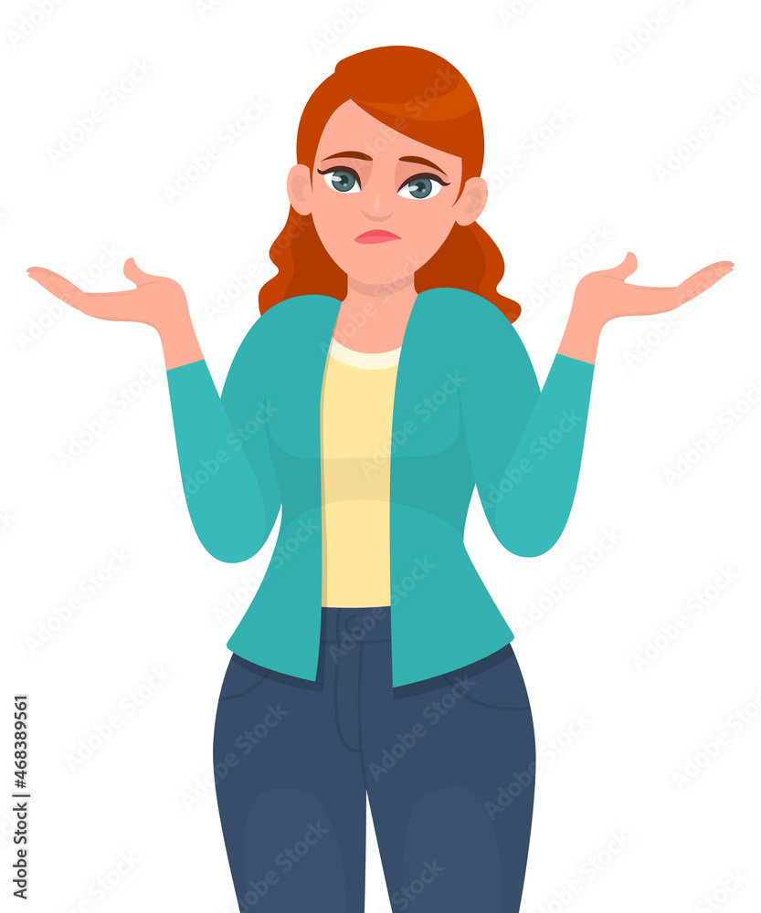 Unhappy young woman gesturing I do not know what to do. Girl shrugging ...