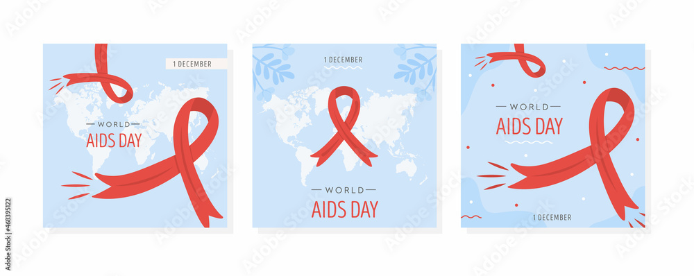 Set of World AIDS Day card. Red awareness ribbon with world map on ...
