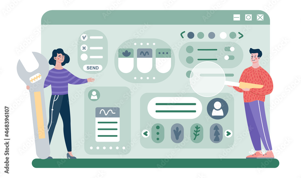 Designers working on ui ux design concept. Male and female programmers develop application or ...