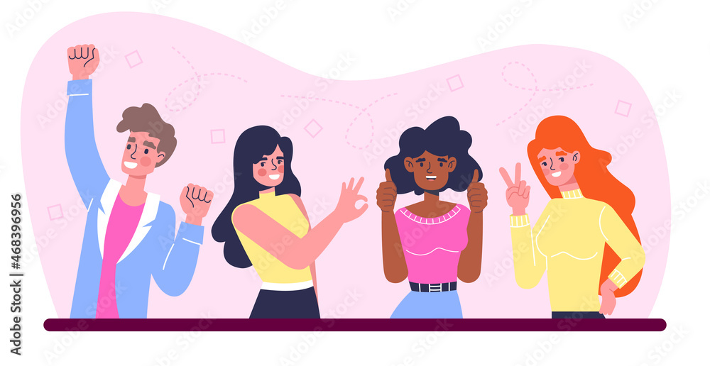 Happiness Emotions. Group of young men and women with positive gestures ...