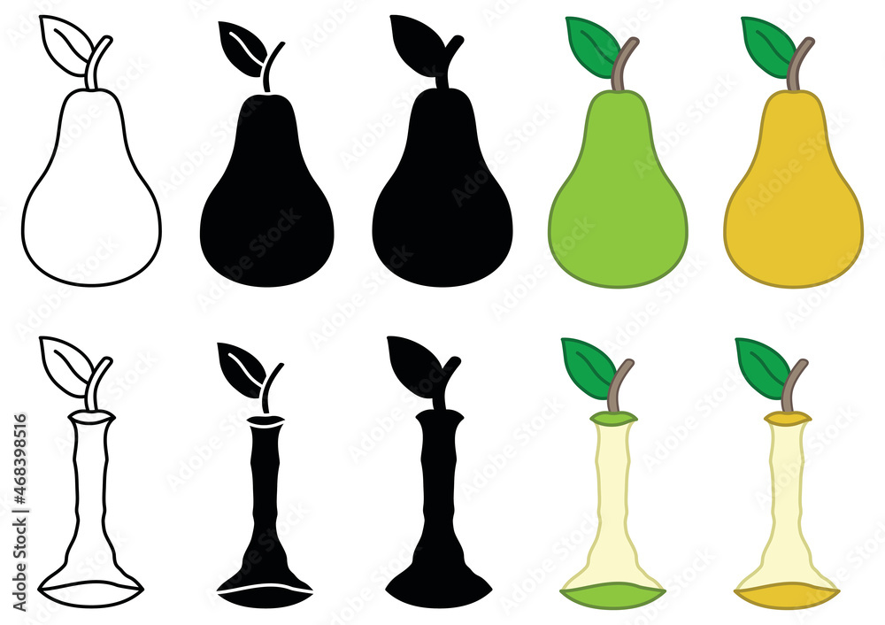 Pear Whole and Eaten Clipart Set - Outline, Silhouette and Color Stock ...