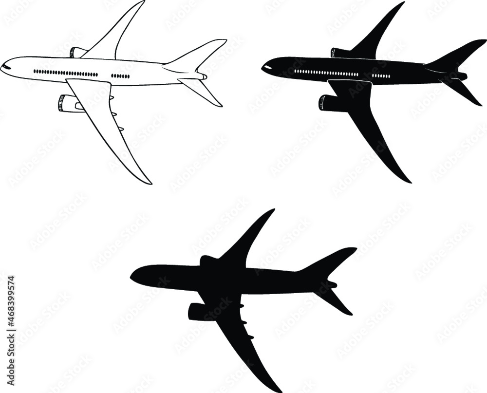 Airplane Flying Clipart Set - Outline and Silhouette Stock Vector ...
