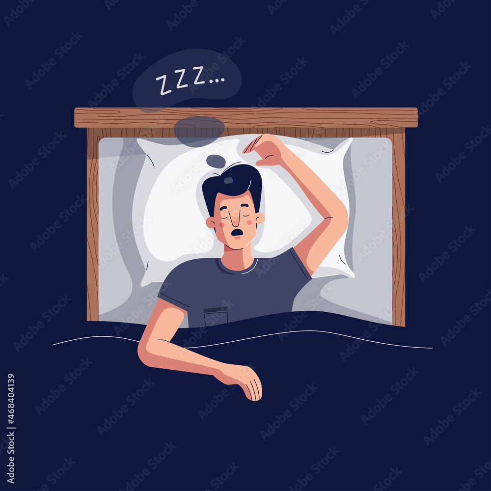 Snoring vector illustration. Young man lying in the bed, snores loudly ...