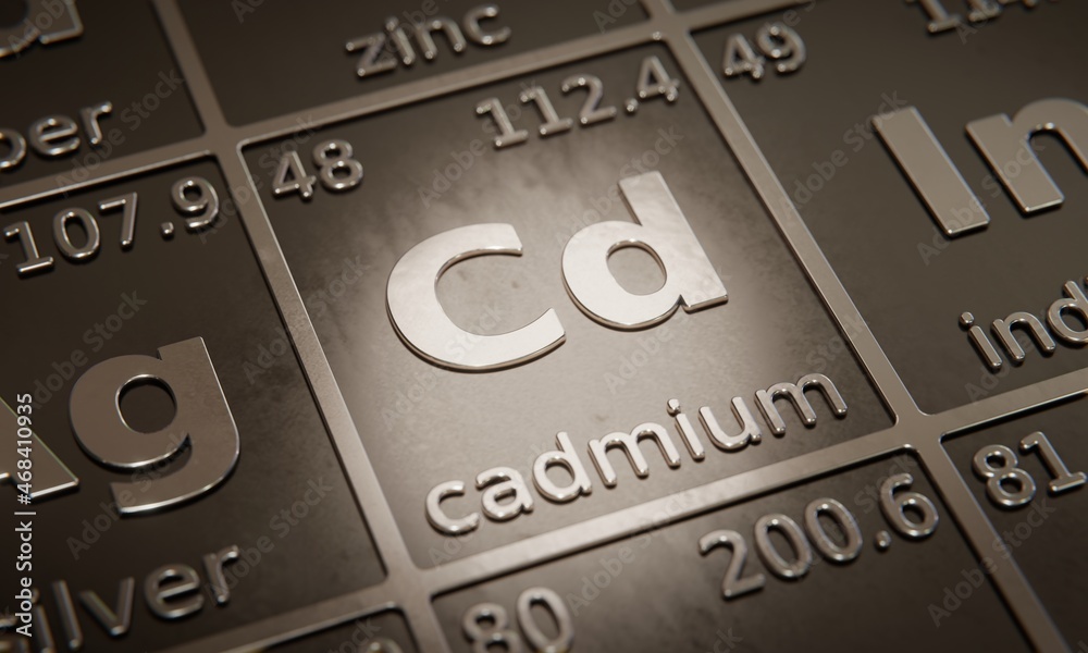 Highlight on chemical element Cadmium in periodic table of elements. 3D ...