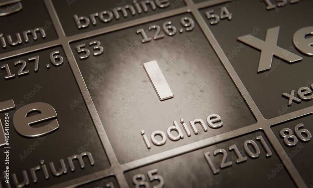 Highlight on chemical element Iodine in periodic table of elements. 3D ...