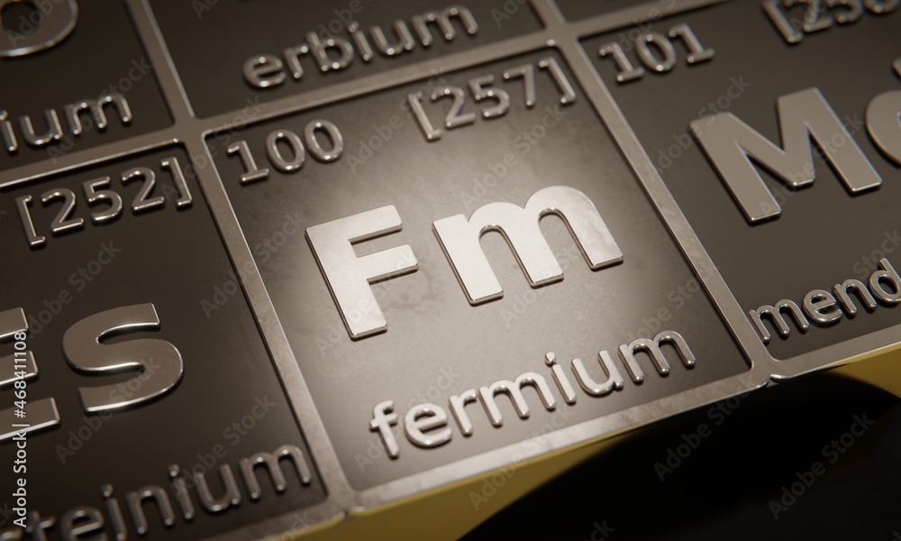 Highlight on chemical element Fermium in periodic table of elements. 3D ...