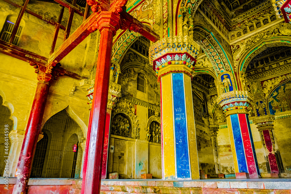 Thanjavur, Tamil Nadu, India - The high arches artworks and colorfully ...