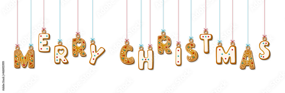Hanging gingerbread cookie letters with phrase merry christmas in ...