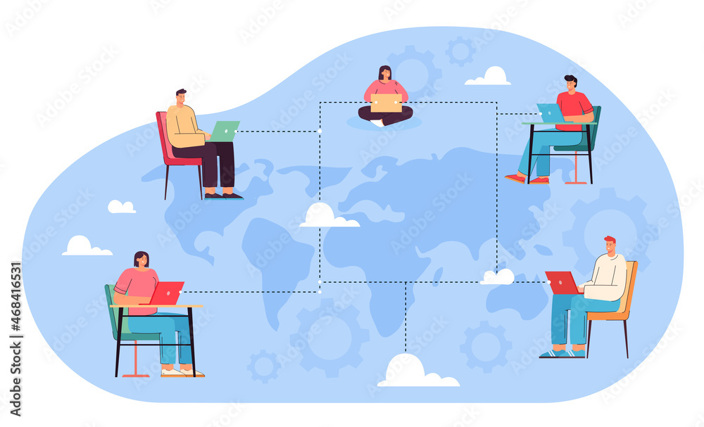 Cartoon men and women sitting with laptops, doing work at distance ...