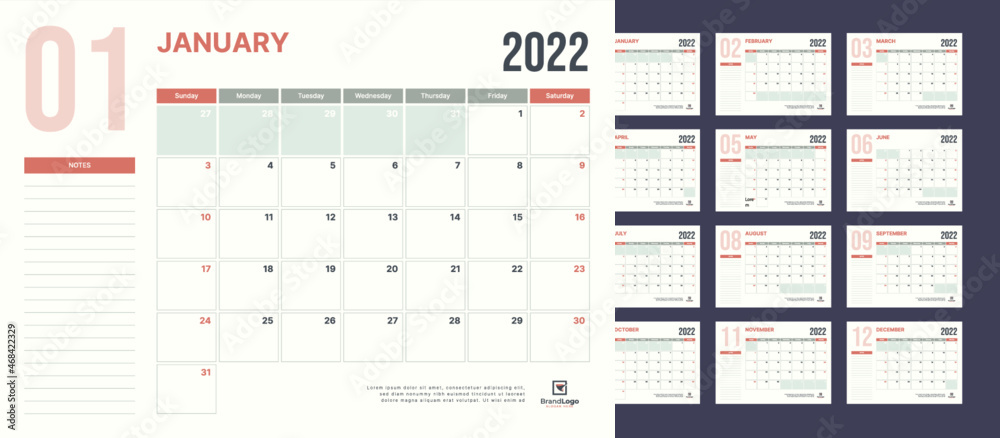 2022 calendar planner set for template corporate design week start on ...