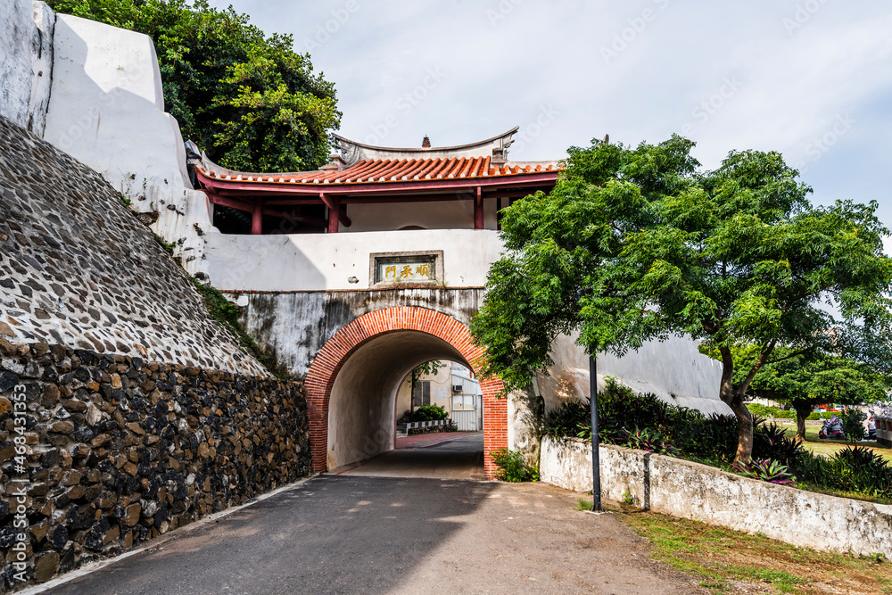 Penghu, Taiwan- June 18, 2019: Old city wall building view of the ...