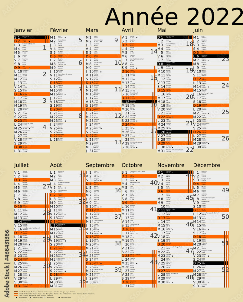 Calendrier 2022, calques, vacances scolaires, Saints, 12 mois vector de ...