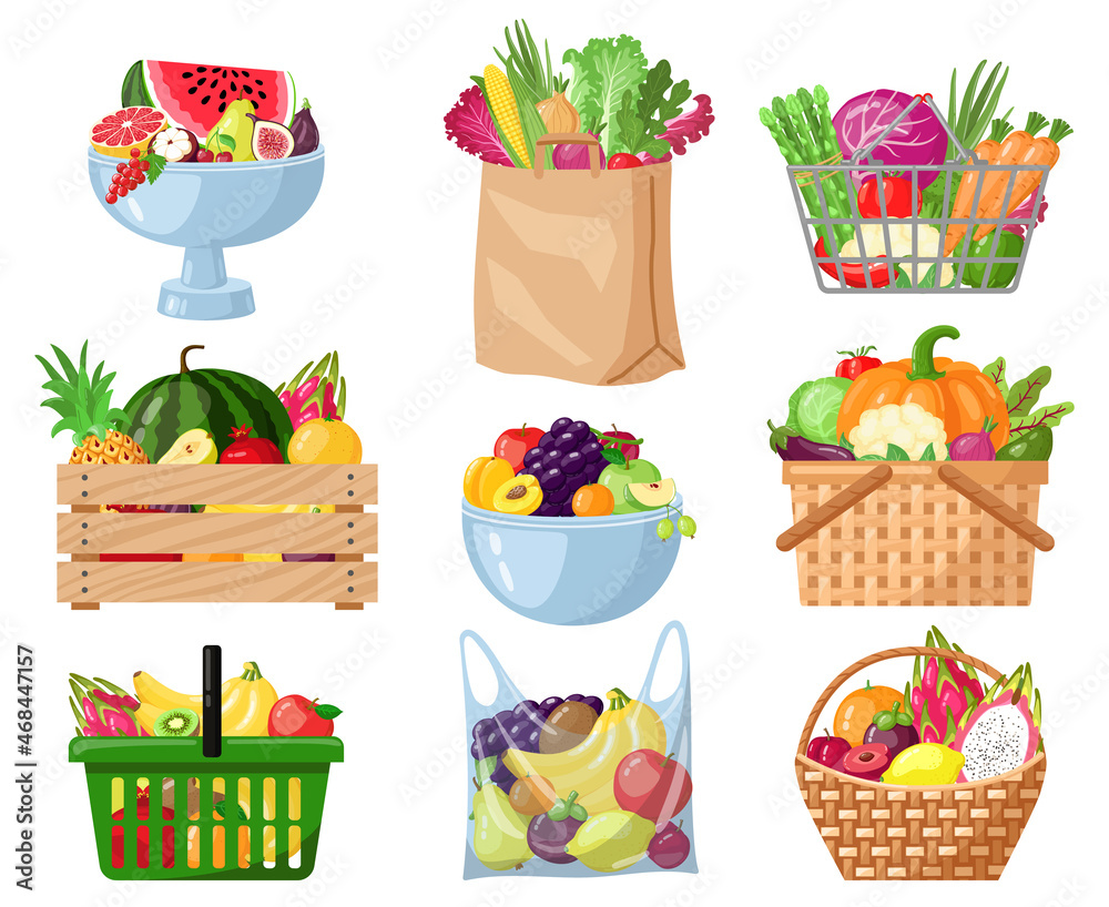 Cartoon fruits and vegetables in basket, shopping bag, bowl, boxes ...