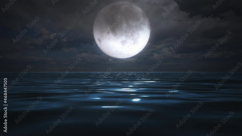 Ocean Waves Splashing Water Under Moonlight, Full Moon On Sea. Full ...