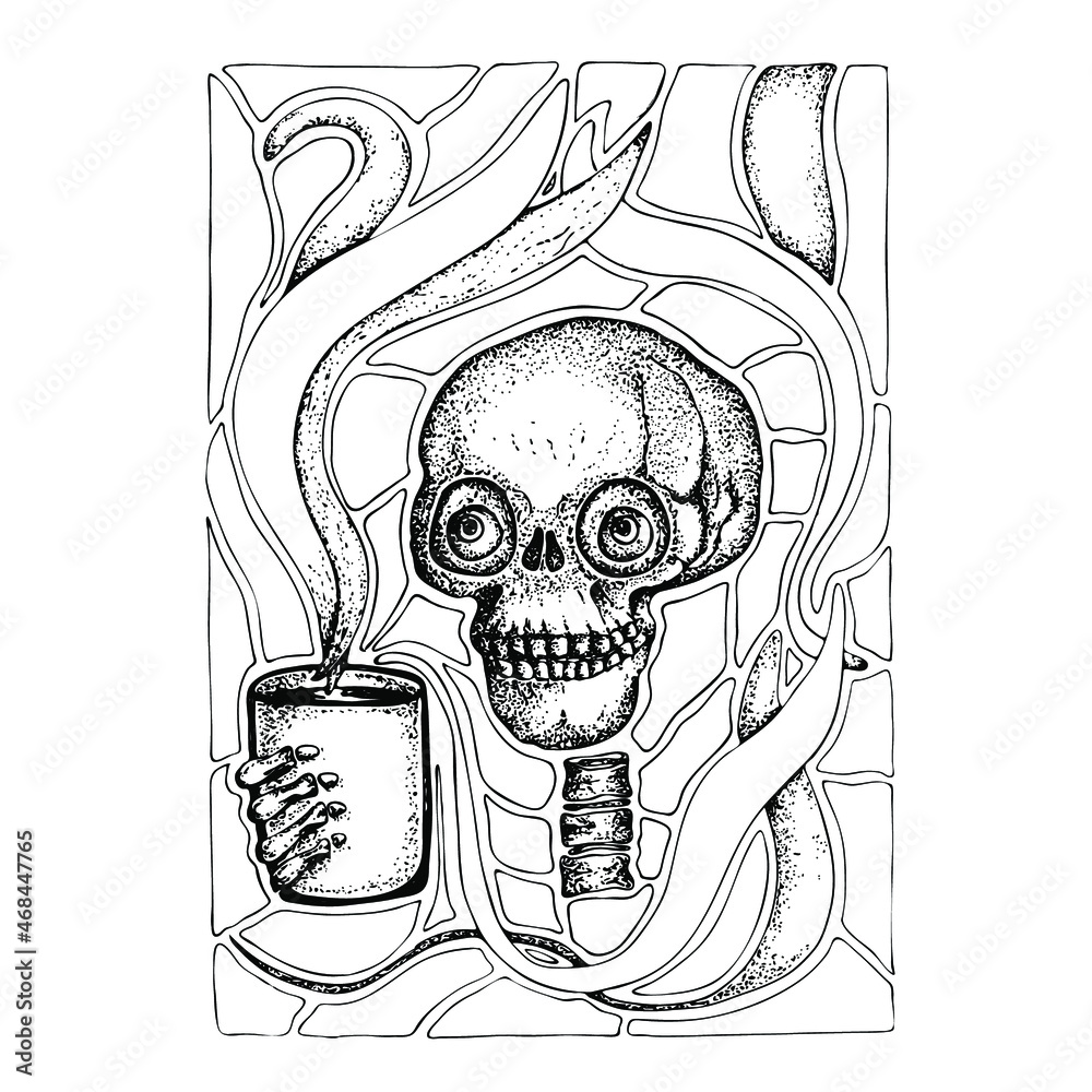 Skull with a cup of coffee in hand. Abstract background. Black and ...