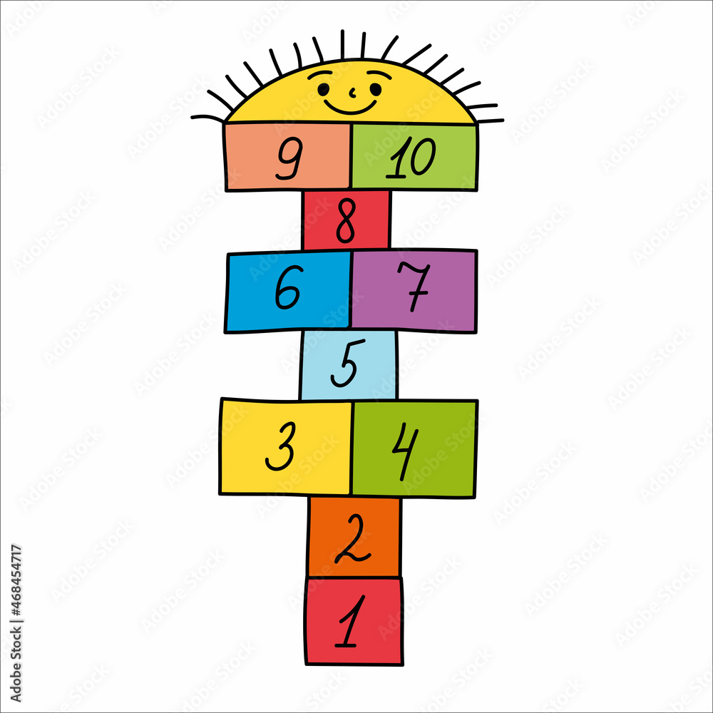 Colorful doodle hopscotch kids game. Hopscotch with rainbow numbers ...