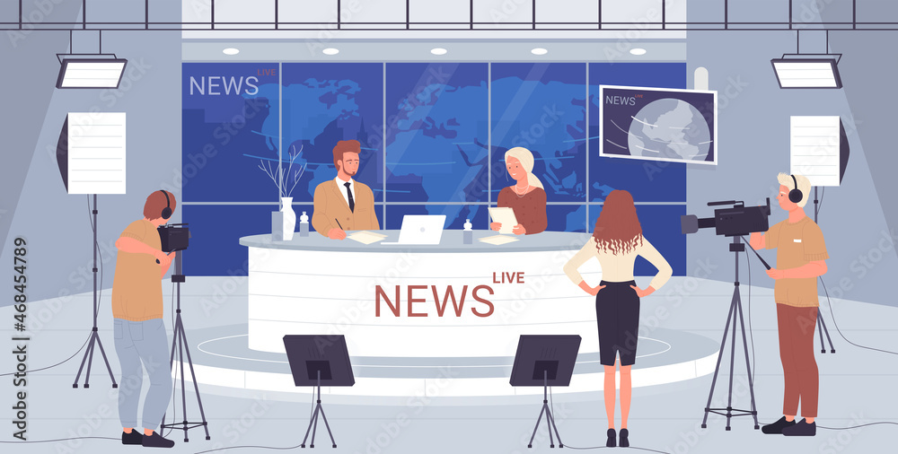 Tv studio live news, broadcasting show interview vector illustration ...