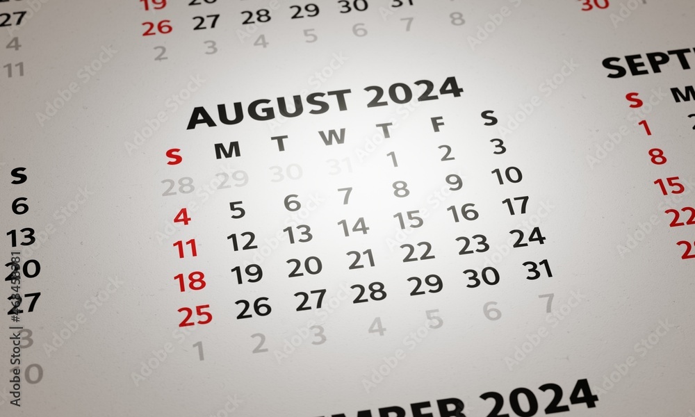 Calendar with month of August 2024 in focus. 3D rendering Stock ...