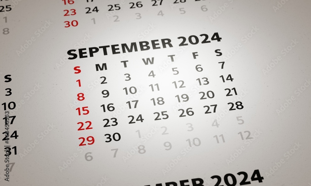 Calendar with month of September 2024 in focus. 3D rendering Stock ...