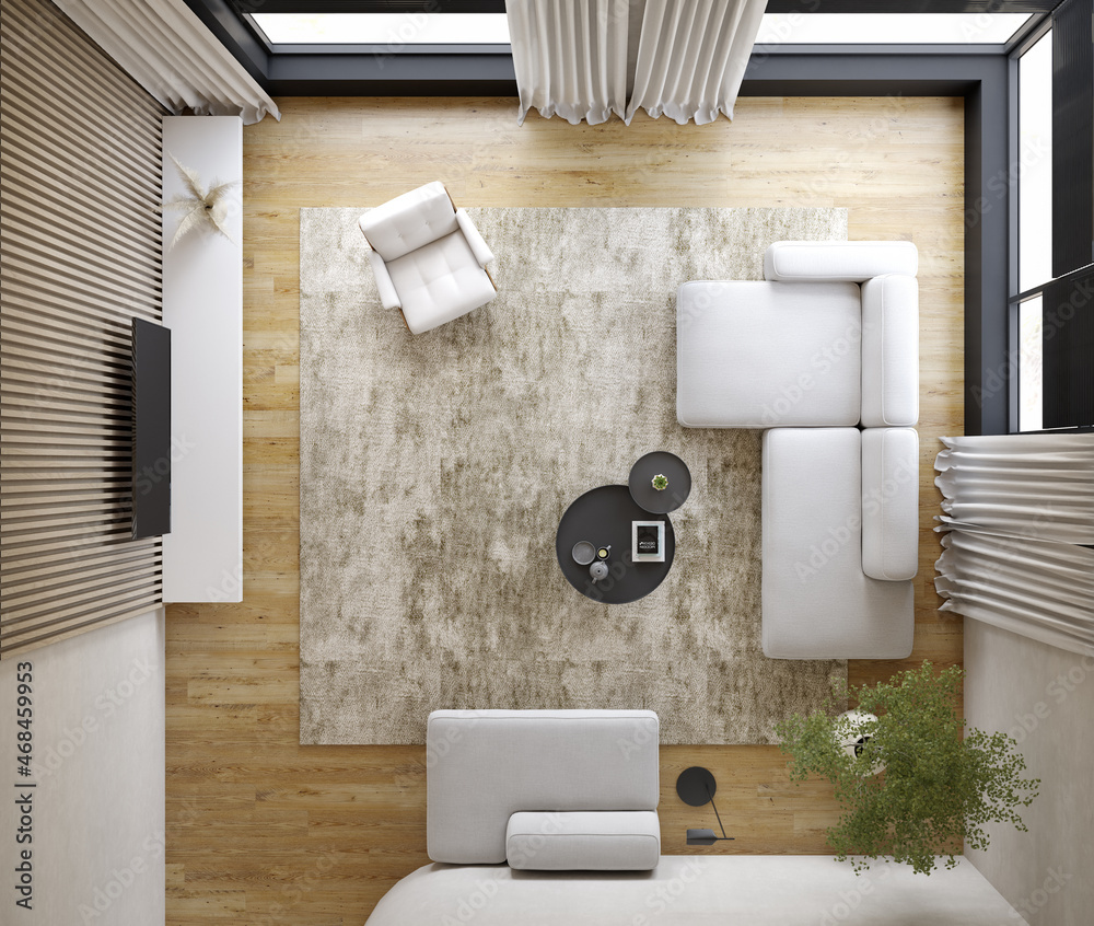 Interior of modern living room top view 3D rendering Stock Illustration ...