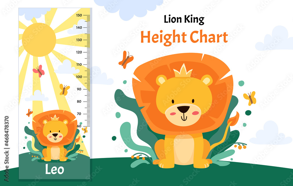 Kids height chart with cute lion character. Vector isolated ...