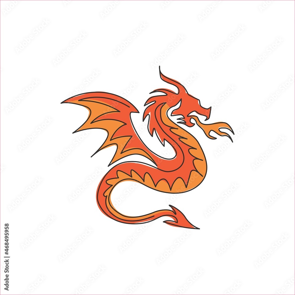 Single continuous line drawing of fictional monsters dragon for chinese ...