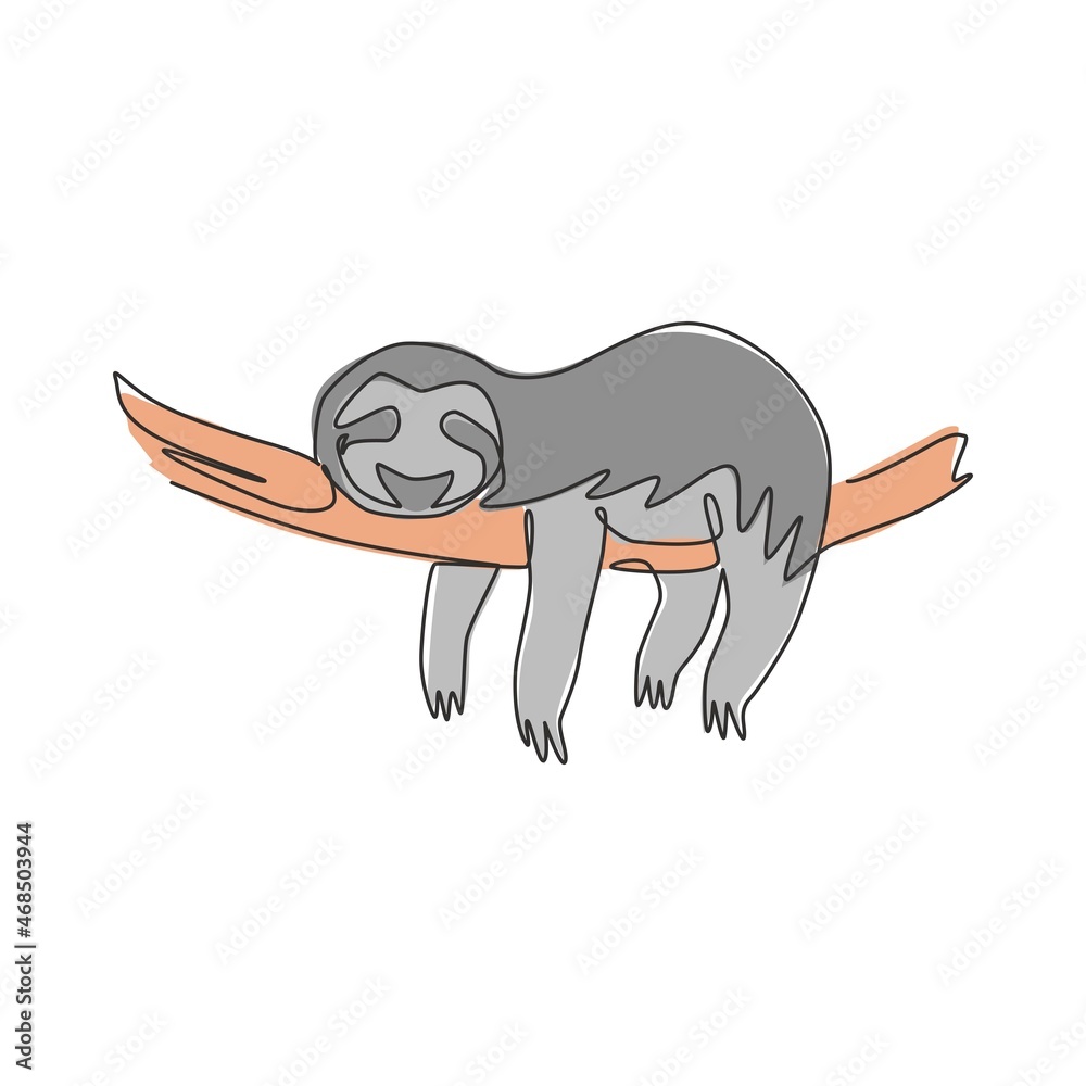 One single line drawing of lovely adorable sloth sleeping at branch ...