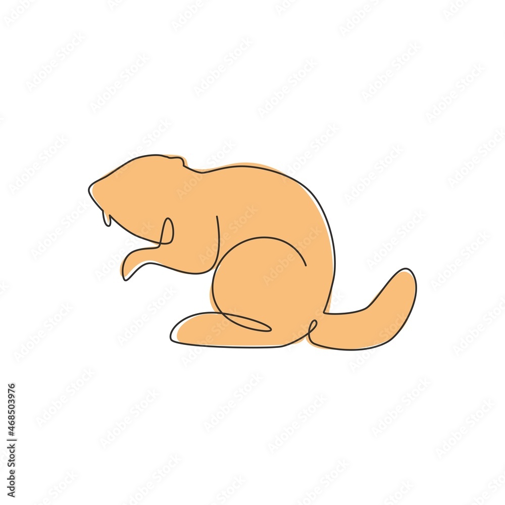 One single line drawing of funny standing beaver for logo identity ...