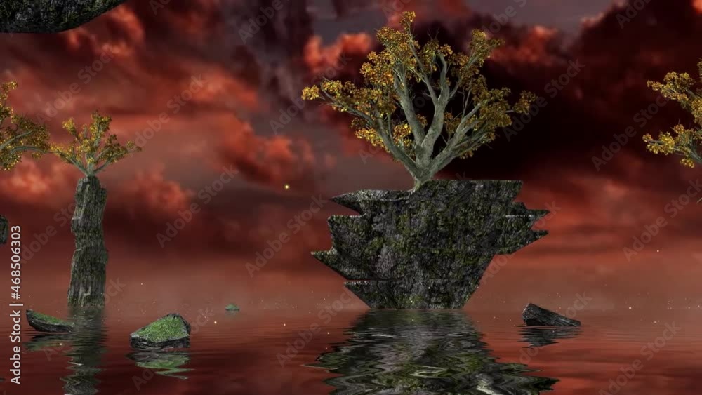 Animated video of big rocks and tree floating above sea with red clouds ...