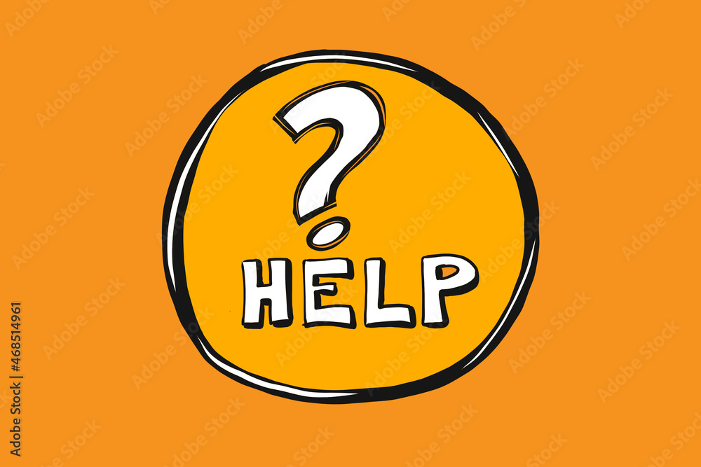 illustrated ? HELP in a circle on an orange background. Graphic style ...
