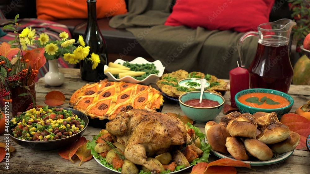 Thanksgiving holiday table. Traditional autumn dishes - turkey ...