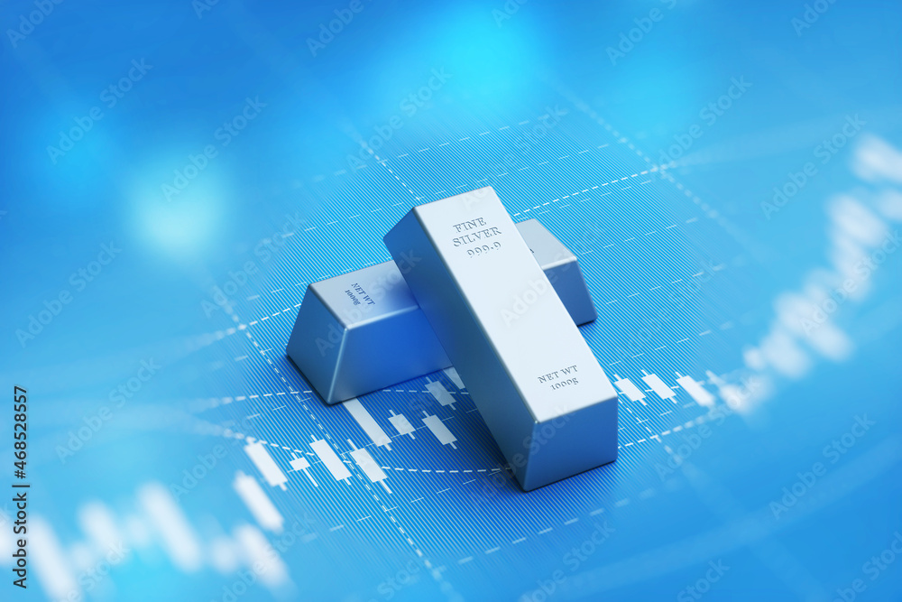 Silver bars on a blue background with financial stock price graph ...