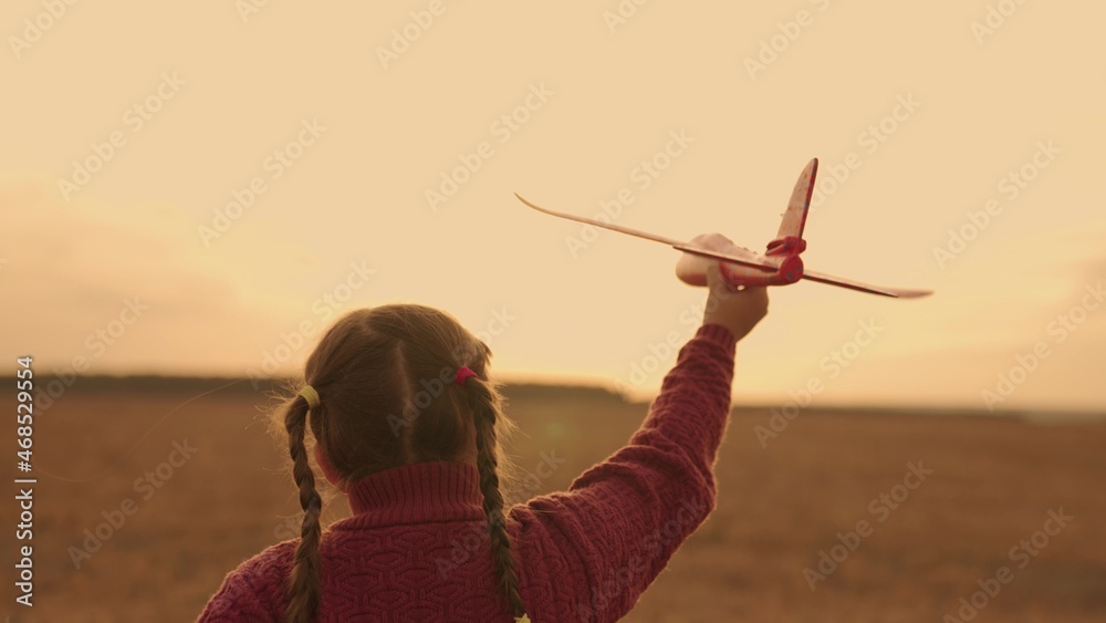 happy child runs sunset with toy airplane his hand, childhood dream ...