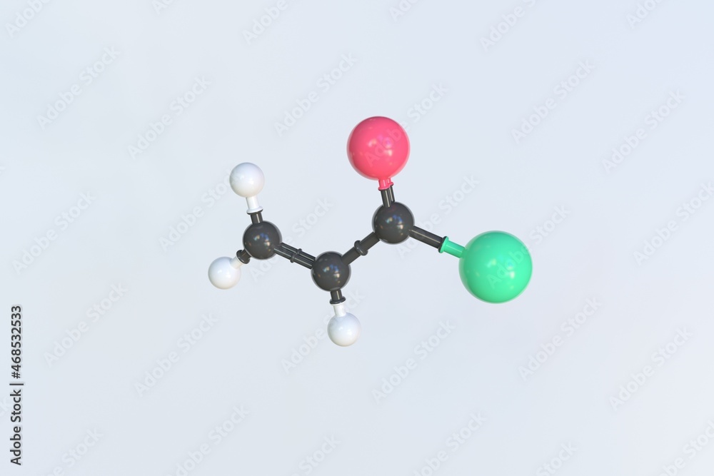 Molecule of acryloyl chloride, isolated molecular model. 3D rendering ...