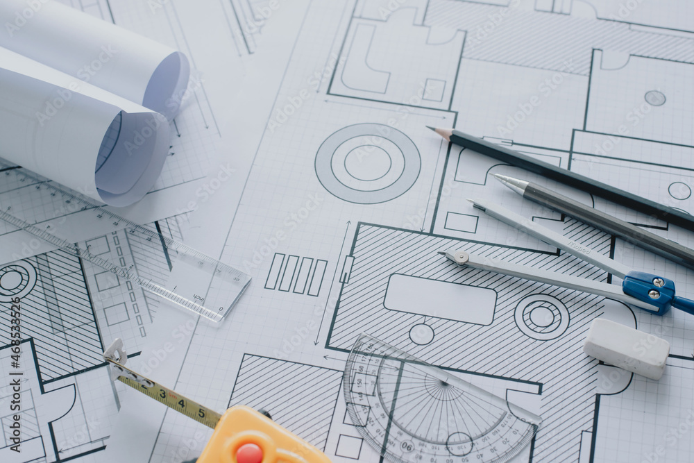 Architect workplace top view. blueprints, blueprint rolls and divider ...