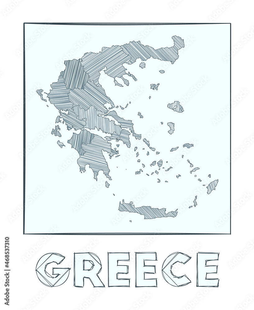 Sketch map of Greece. Grayscale hand drawn map of the country. Filled ...