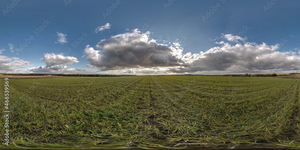 evening hdri panorama 360 view among farming fields with huge clouds in ...
