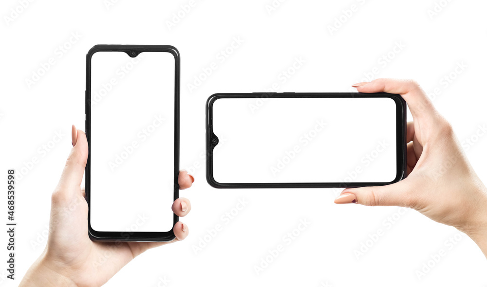 woman hand holding vertically and horizontally modern smart phone ...